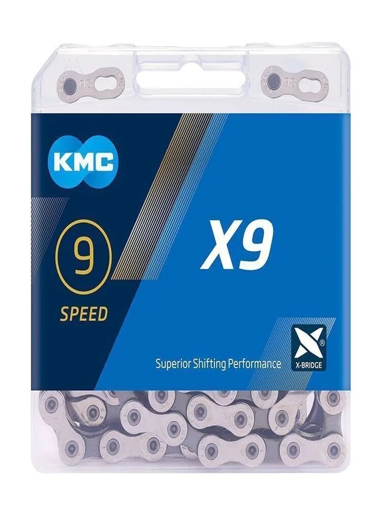 Цепь для велосипеда KMC X9 SilverGray, 9 скоростей, 114/116 звеньев, в наборе с замком MissingLink 9R/CL556R, качественный аксессуар