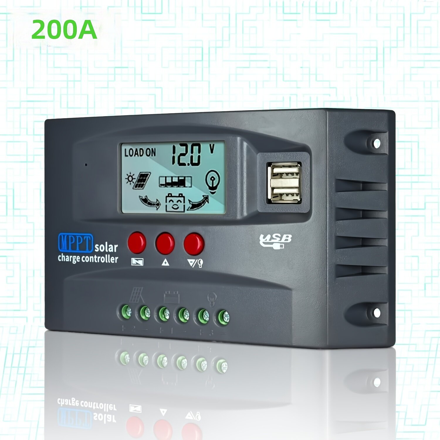 MPPT солнечный контроллер заряда 200A 12/24V с LCD дисплеем, двойной USB, режимы нагрузки, таймер, для гелевых, герметичных, залитых и литиевых аккумуляторов, серый