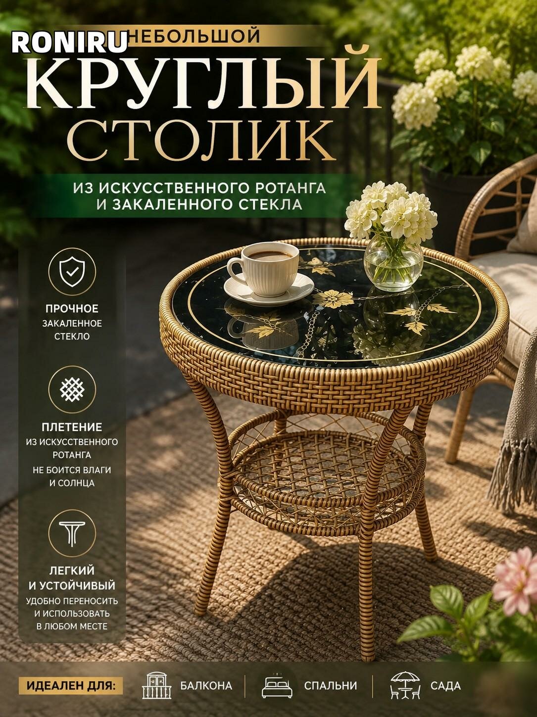 Небольшой круглый столик из закаленного стекла и простого искусственного ротанга для балкона, спальни и сада