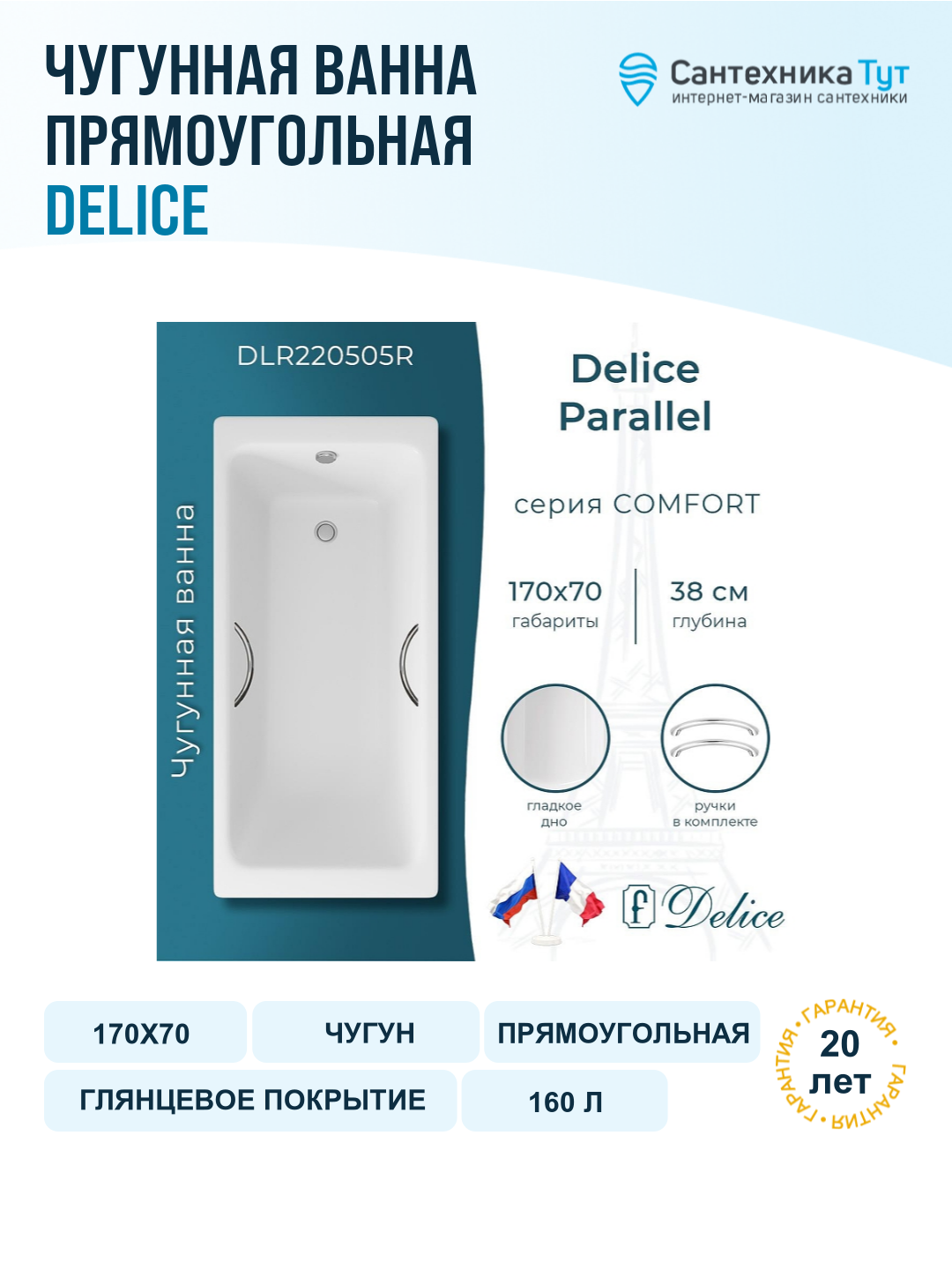 Чугунная ванна Delice Parallel 170х70 DLR220505R с ручками без антискользящего покрытия