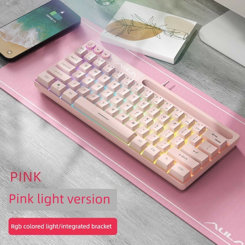 WolfSpider F3061 Мини-проводная 64-клавишная игровая клавиатура с RGB-подсветкой — Розовая для настольных ПК и ноутбуков