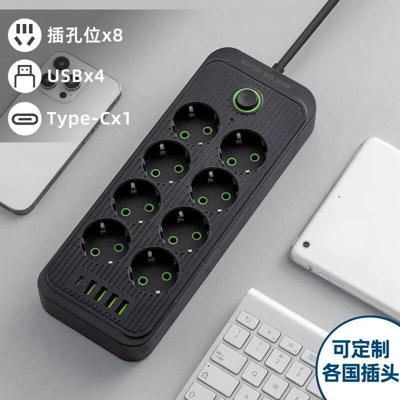 Сетевой фильтр 2м, 8 розеток, 4 USB, 1 Type-C, черный