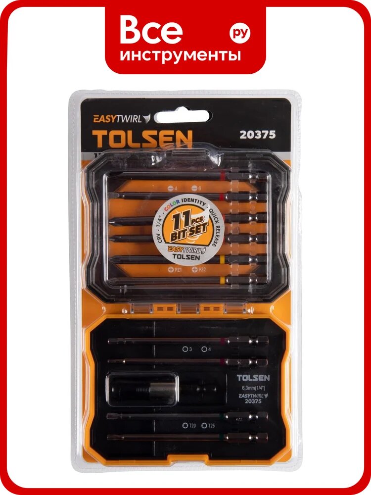 Набор вставок (бит) 1/4", PH, PZ, Hex, Torx, Slotted, 11 предметов TOLSEN 20375