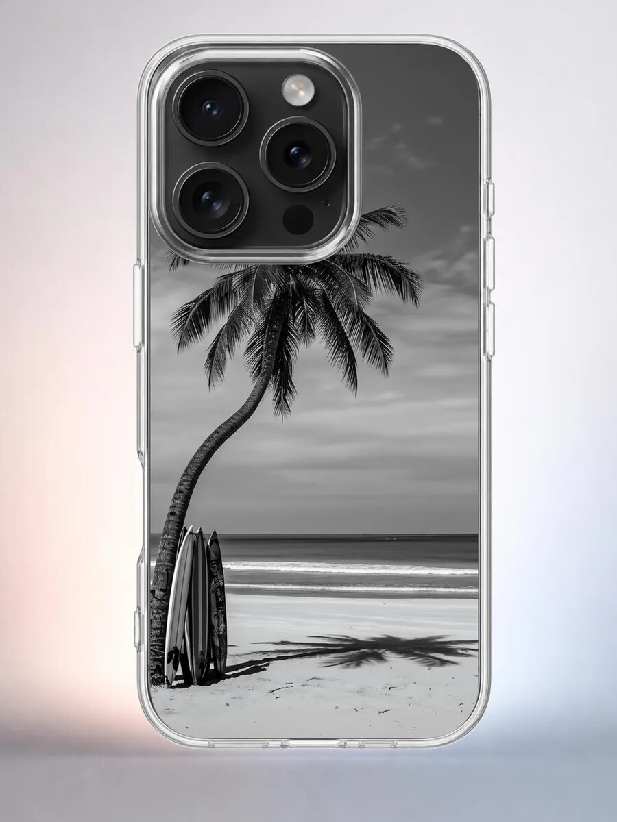 Чехол iPhone 15 Pro пальма и сёрфборды силиконовый