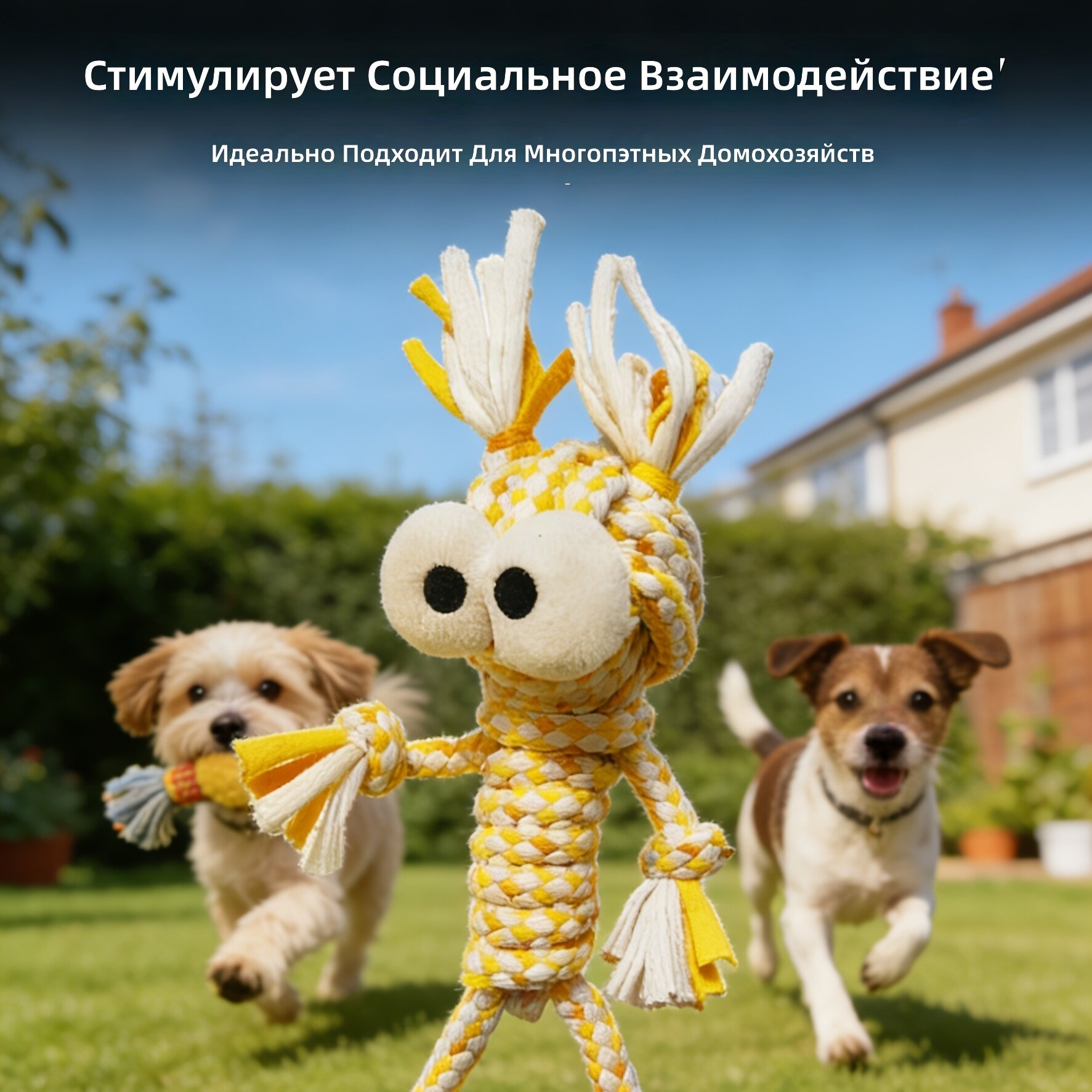 Прочная канатная игрушка для собак в виде монстра, 11 дюймов, желтая, из переработанных волокон, для мелких и средних пород, для жевания и игры в перетягивание, помогает ухаживать за зубами.