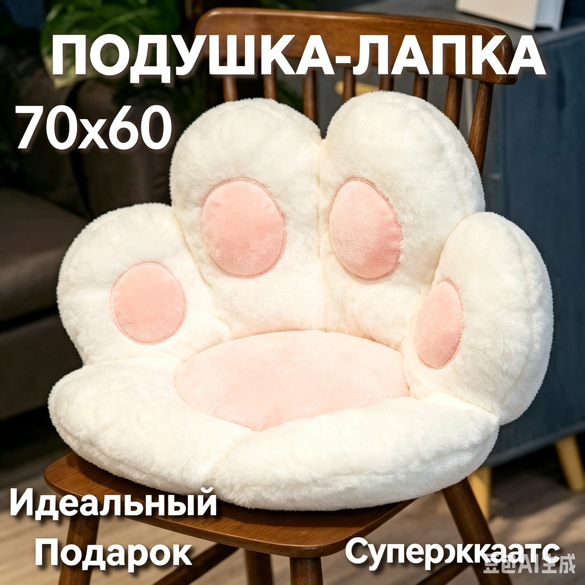 Декоративная мягкая лежанка подушка-игрушка лапка белая/Сидушка на стул 70х60 см