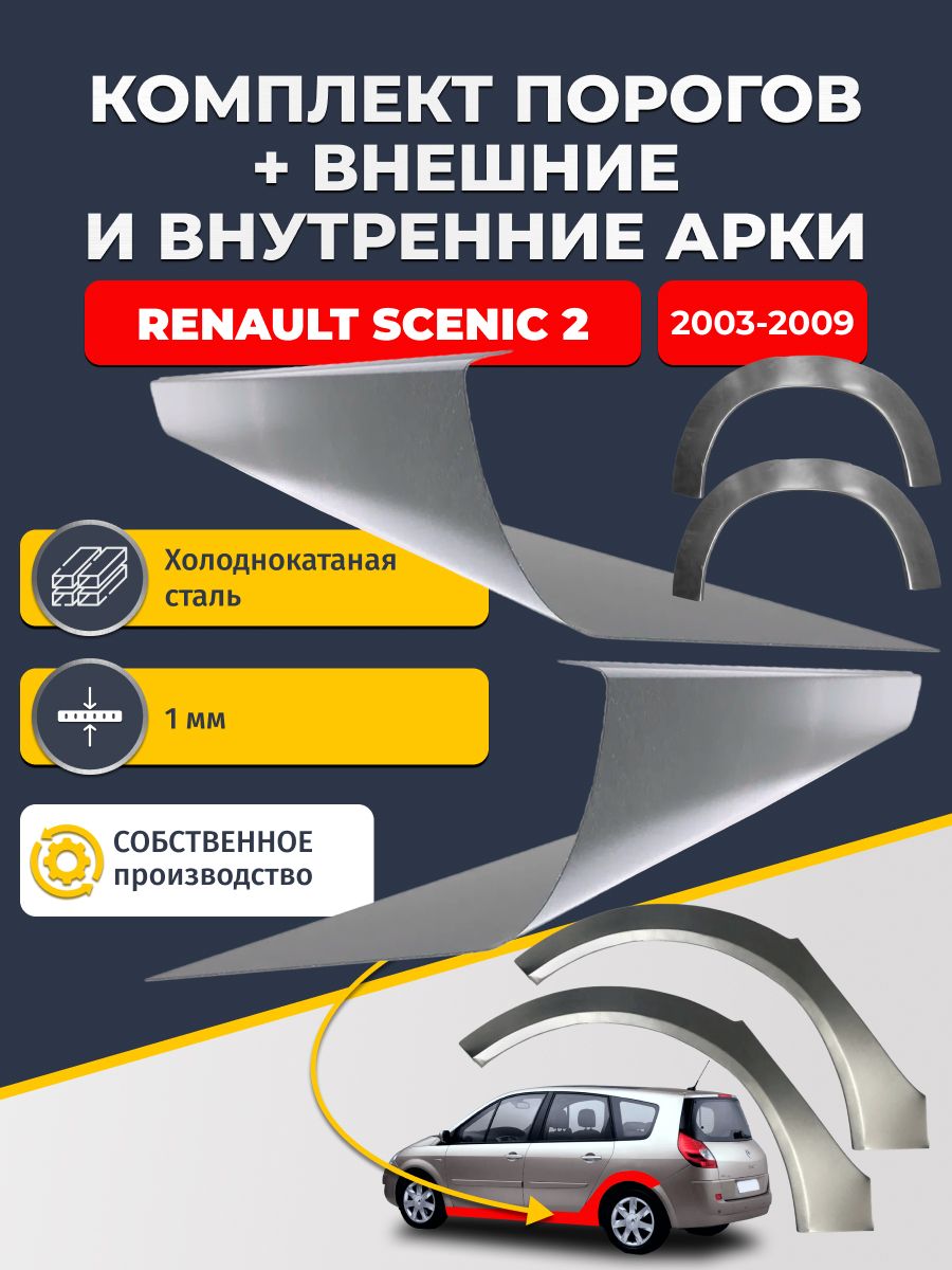 Комплект ремонтных задних внешних и внутренних арок (0,8 мм) + комплект стандартных ремонтных порогов , на Renault Scenic 2 2003-2009 (Рено Сценик 2) Холоднокатаная сталь 1 мм