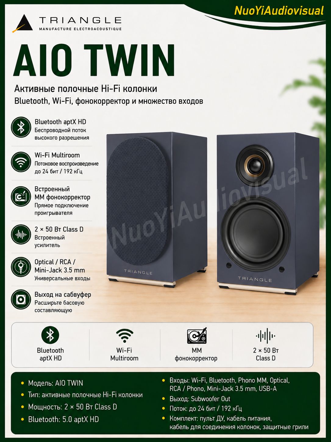 Активные беспроводные Hi-Fi колонки Triangle AIO TWIN, WiFi, Bluetooth 5.0, 2.0, 100 Вт, цвет синий Abyss Blue