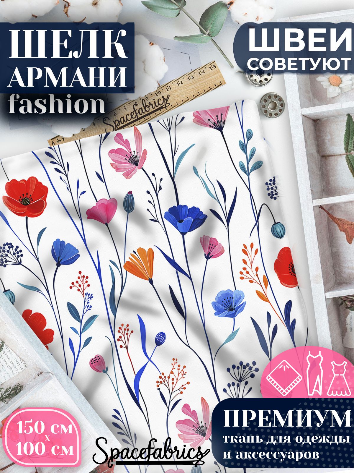 Ткань для шитья шелк Армани, искусственный атлас шелк для костюмов, платьев, юбок с принтом Полевые цветы