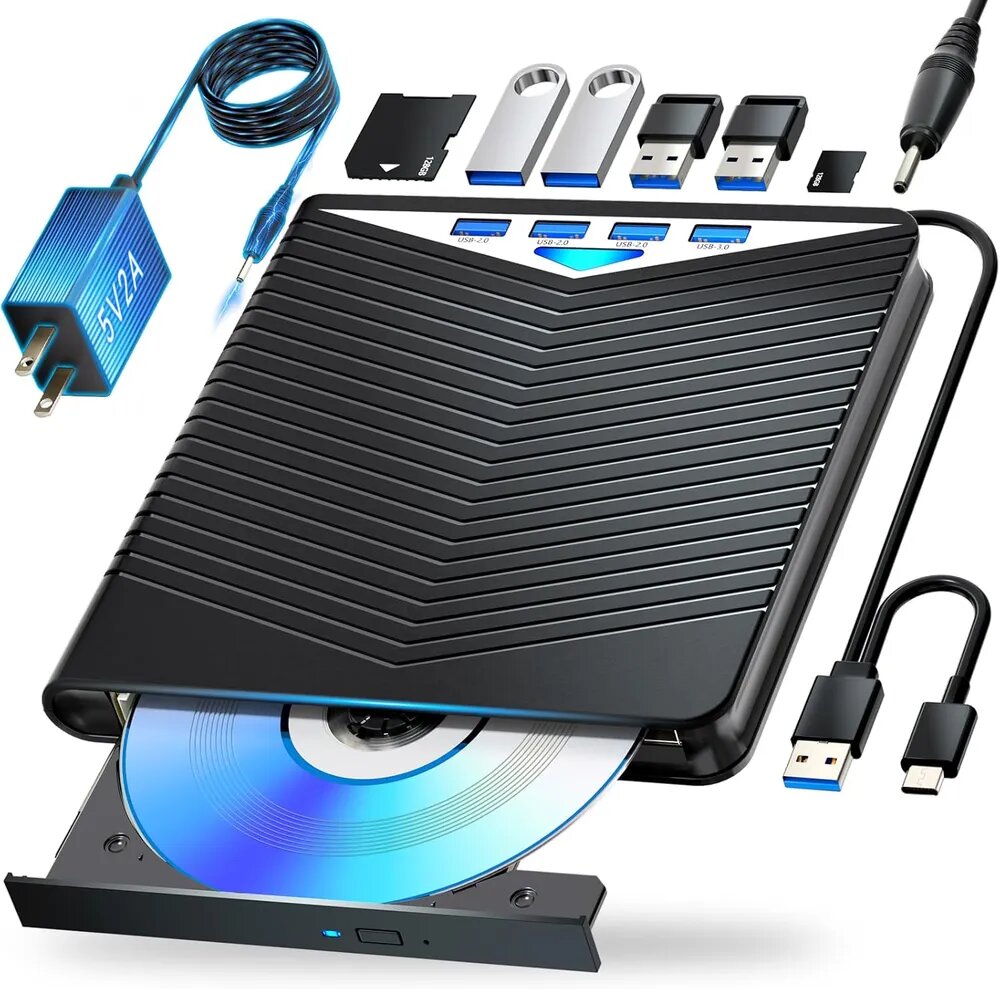 Внешний Blu-ray привод 7-в-1 с записью, USB 3.0 и Type-C, поддержка BD/DVD/CD, чёрный