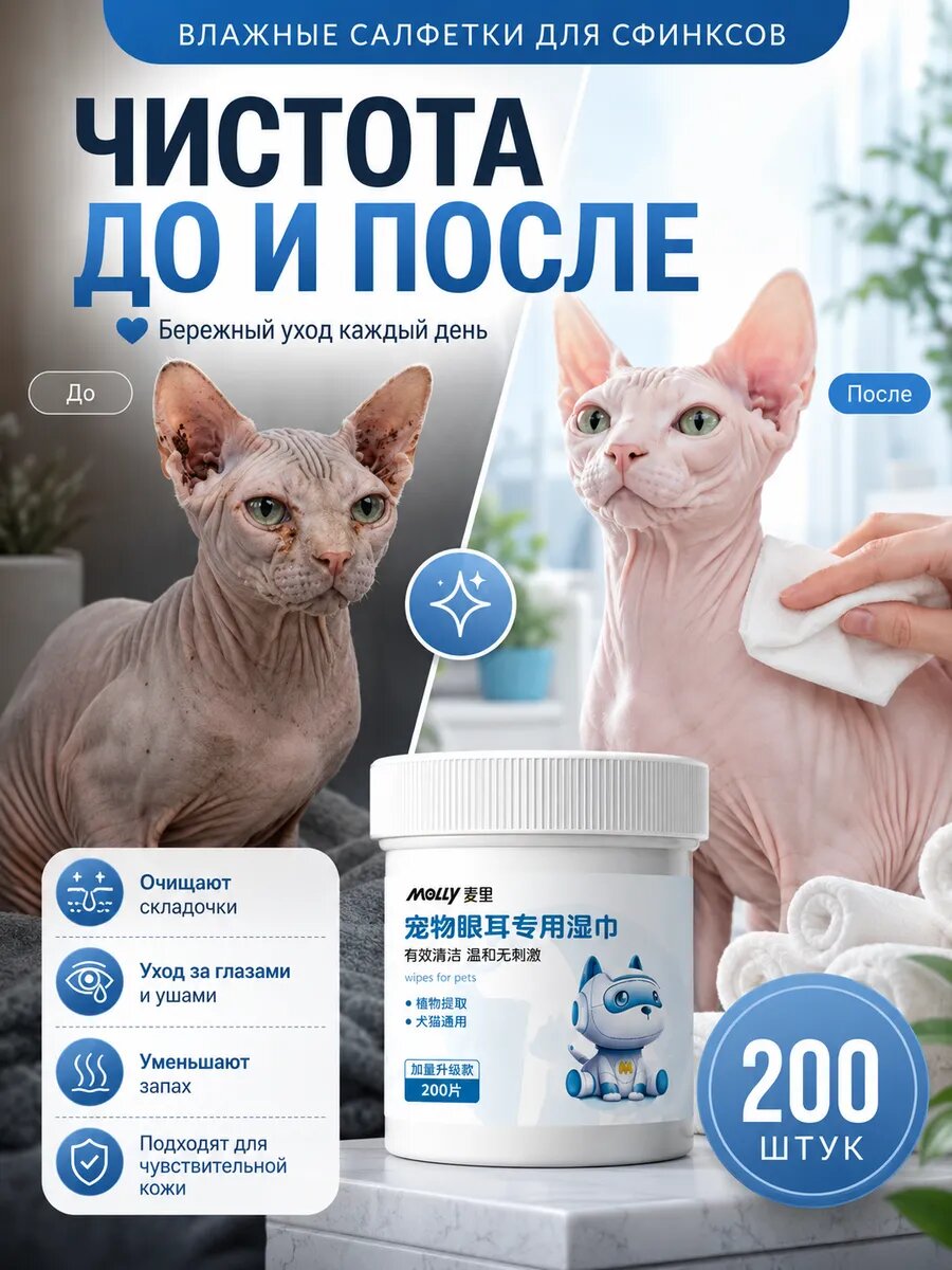 Влажные салфетки для сфинксов и бесшёрстных кошек