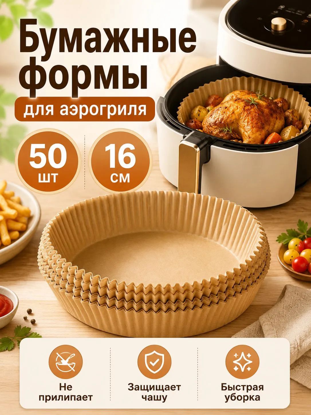 Формы для аэрогриля бумажные круглые 16см бумага для аэрогриля, 50 штук