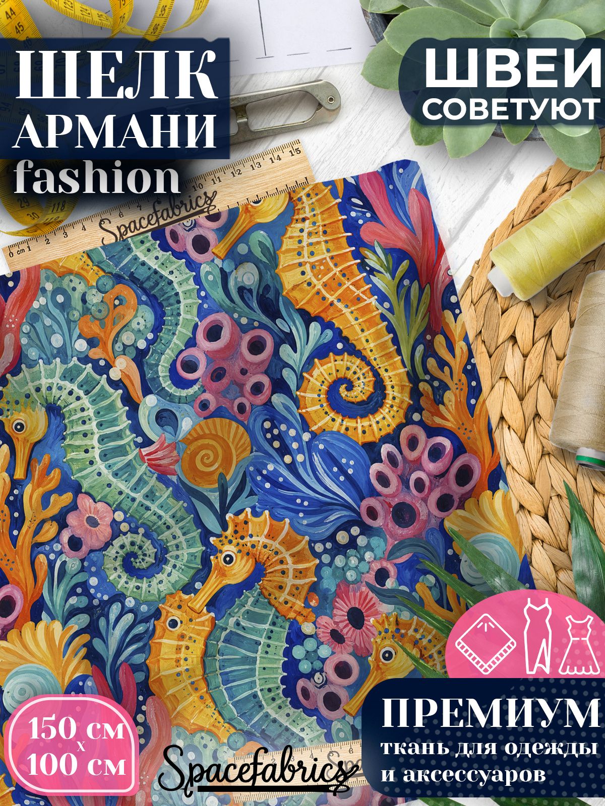 Ткань для шитья шелк Армани, искусственный атлас шелк для костюмов, платьев, юбок с принтом Морская жизнь