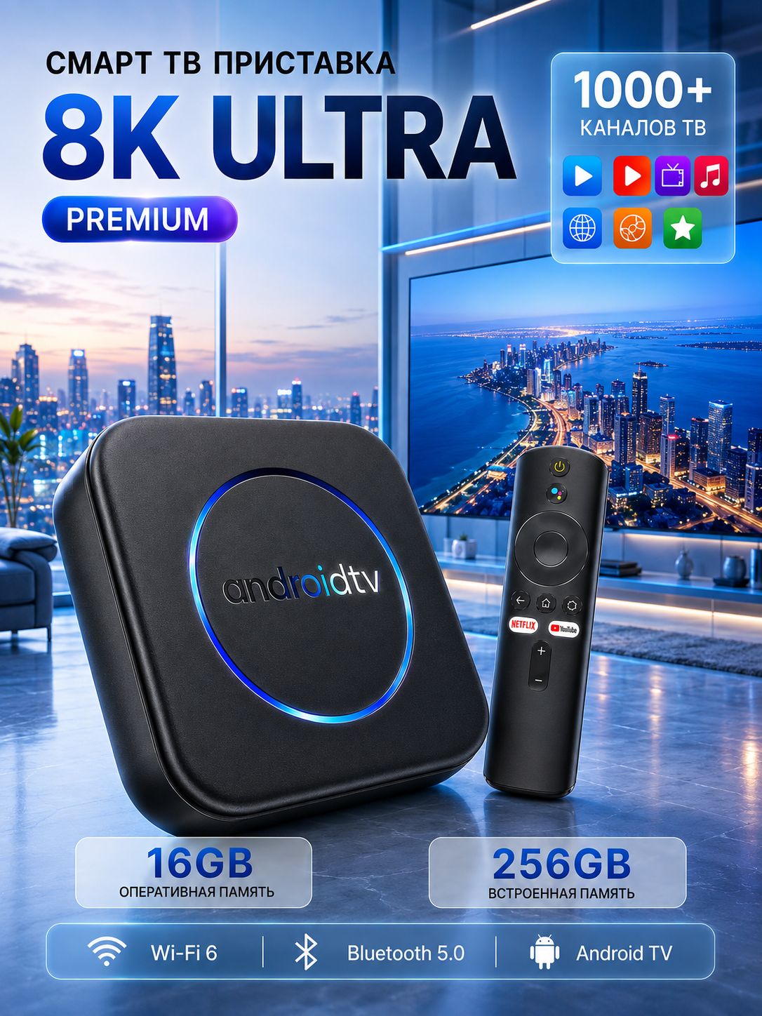 Медиаплеер Smart TV с Android 13, 8 ГБ памяти, Wi-Fi, Bluetooth, Google Assistant, HDMI, USB, черный матовый