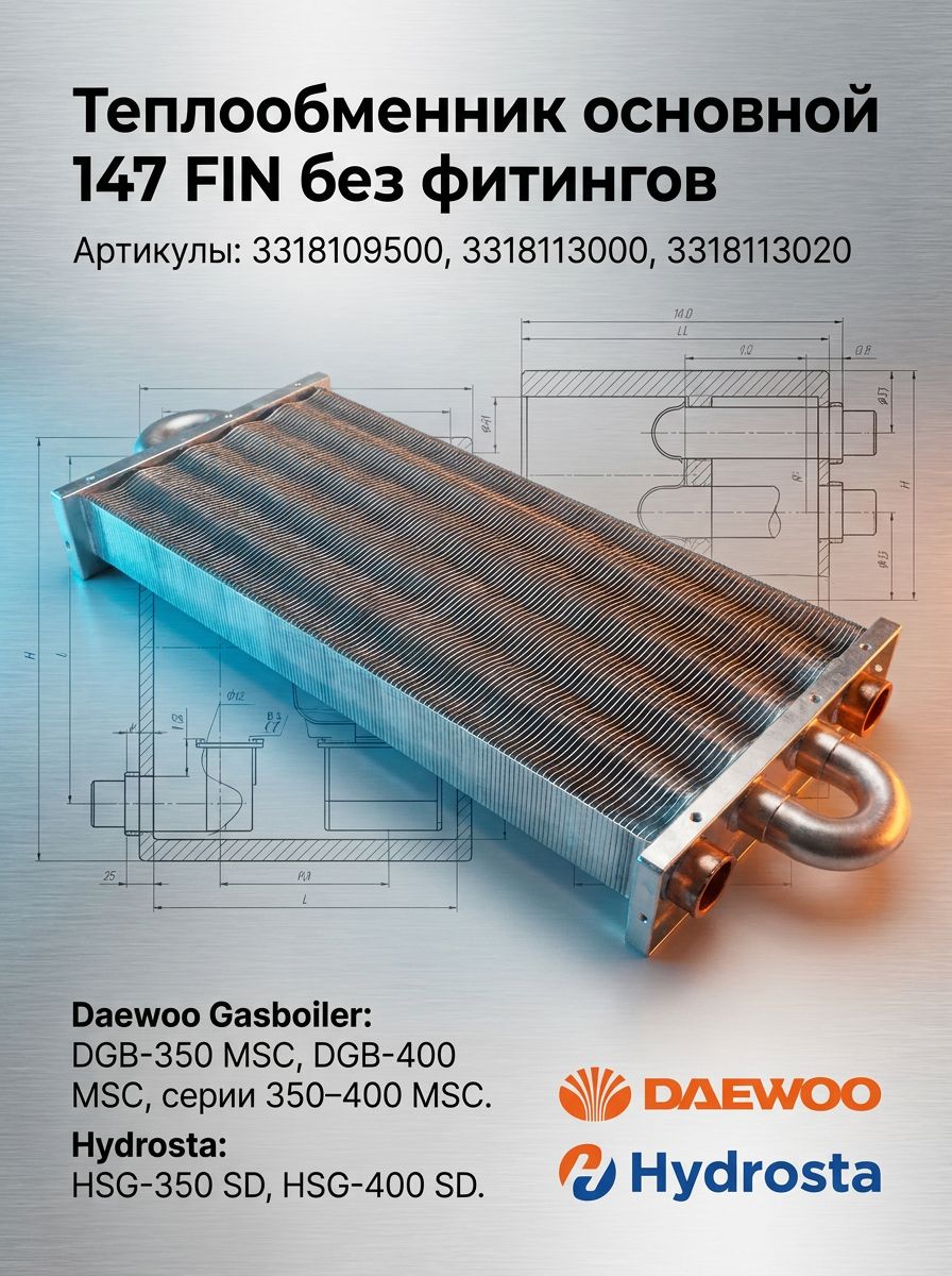 Теплообменник основной 147 FIN без фитингов, для котлов Daewoo DGB 350MSC, 400MSC (3318109500, 3318113000, 3318113020)