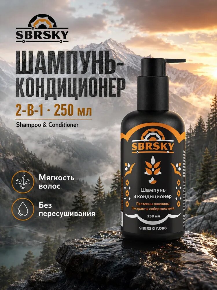 Шампунь мужской парфюмированный для волос и кондиционер 2 в 1 SBRSKY, шампунь-бальзам с экстрактами сибирских трав, 250 мл