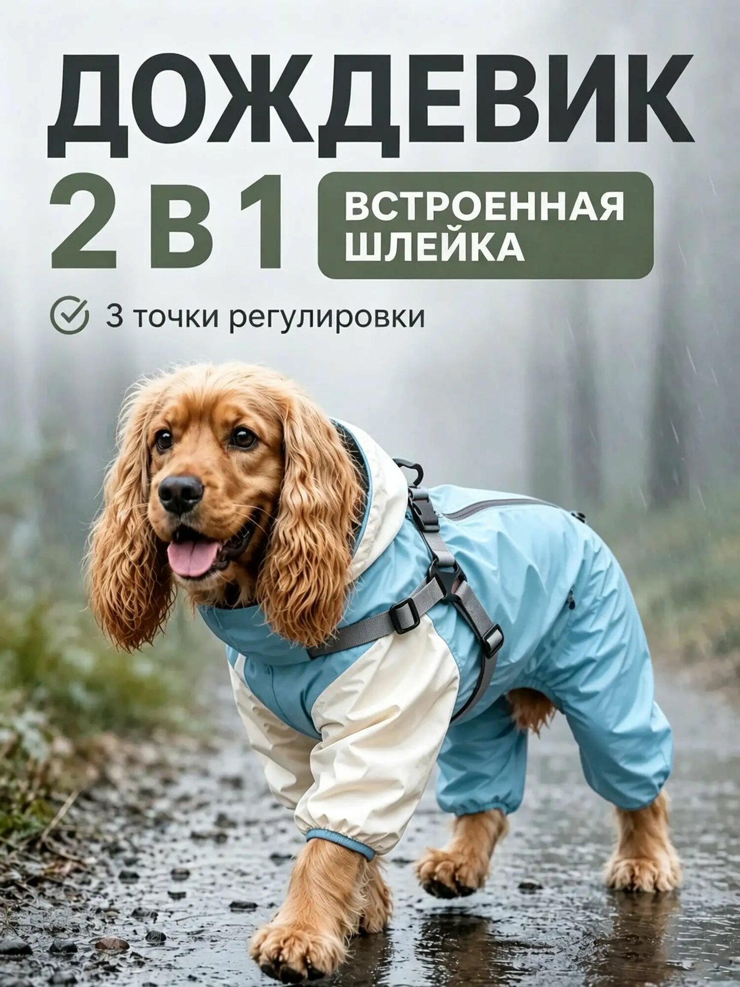 Дождевик для собак средних и крупных пород с шлейкой