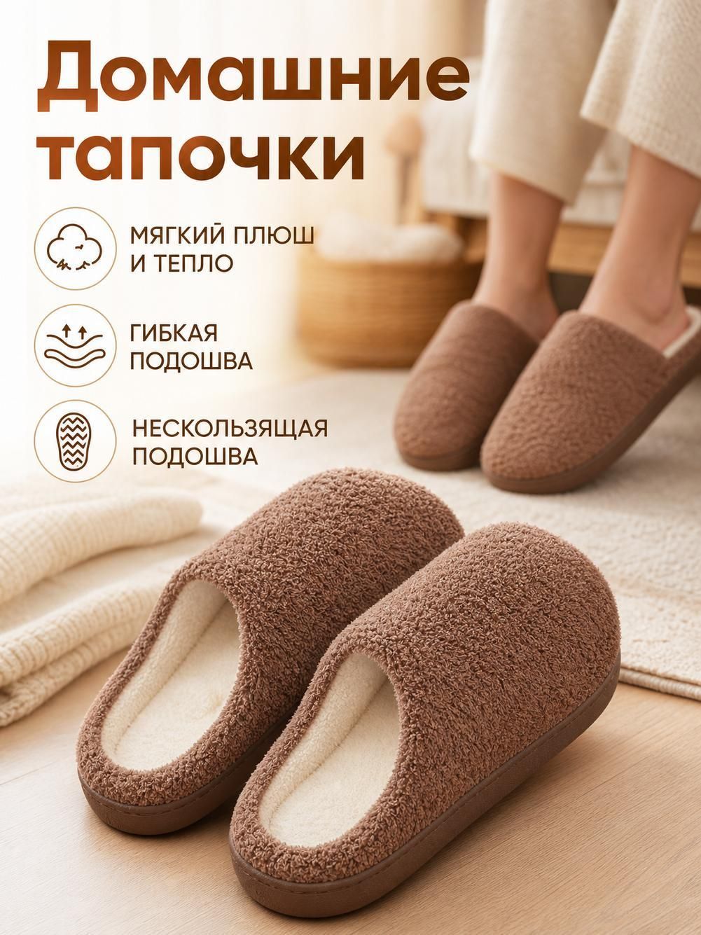 Тапочки, размер 42, кофейный