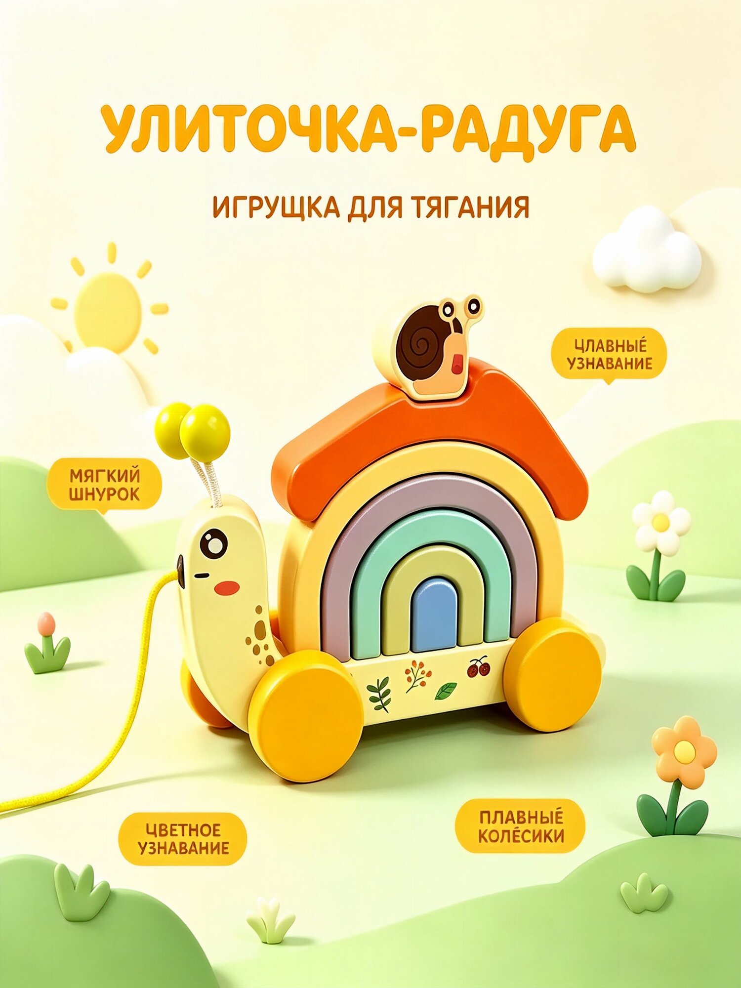Тяговая деревянная улитка Радуга, сортер-блоки, развивающая игрушка для малышей