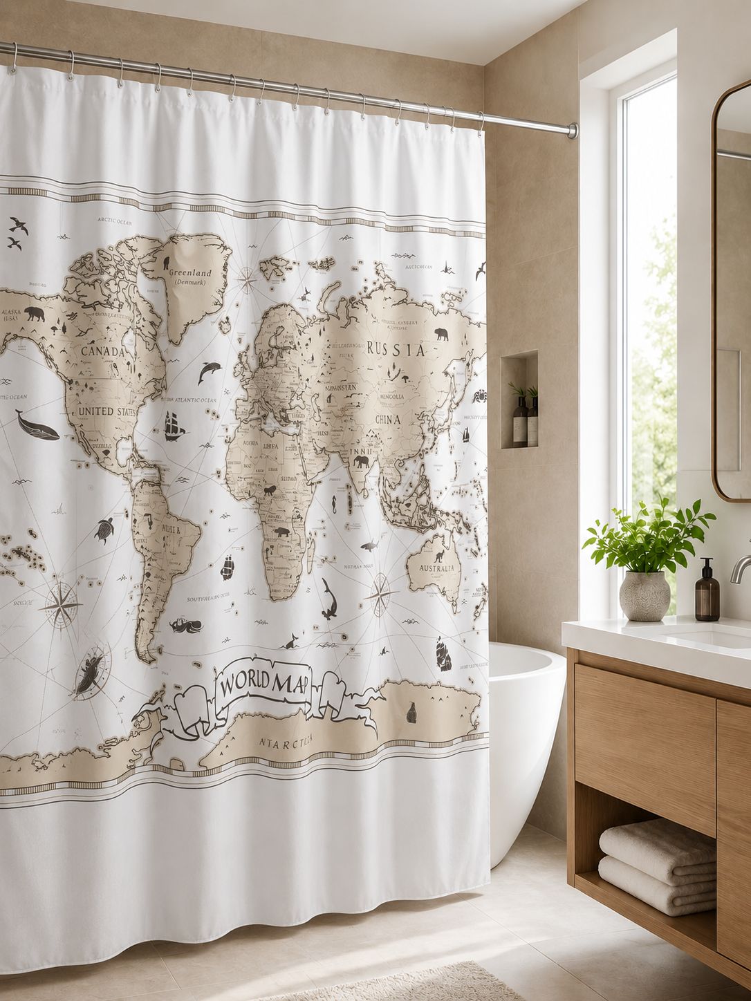 Штора занавеска для ванной Bath Plus тканевая 200х200 Nautical World Map II Карта с кольцами