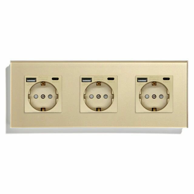 Розетка с USB Type-C MVAVA золотая, встраиваемая, 3 поста, с заземлением и шторками, 16А, зарядка 10W, стеклянная рамка