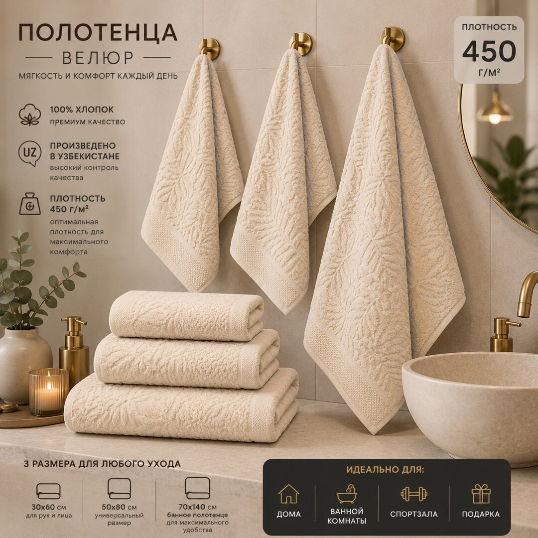 Полотенце махровое F&H Велюр, 70х140см, бежевый