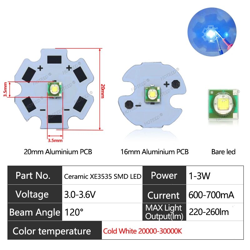 OTCRREE 3535 3W LED чипы 3000K 4500K 6500K XE-Cold White 20000K, Bare led without PCB, 3W-10pcs