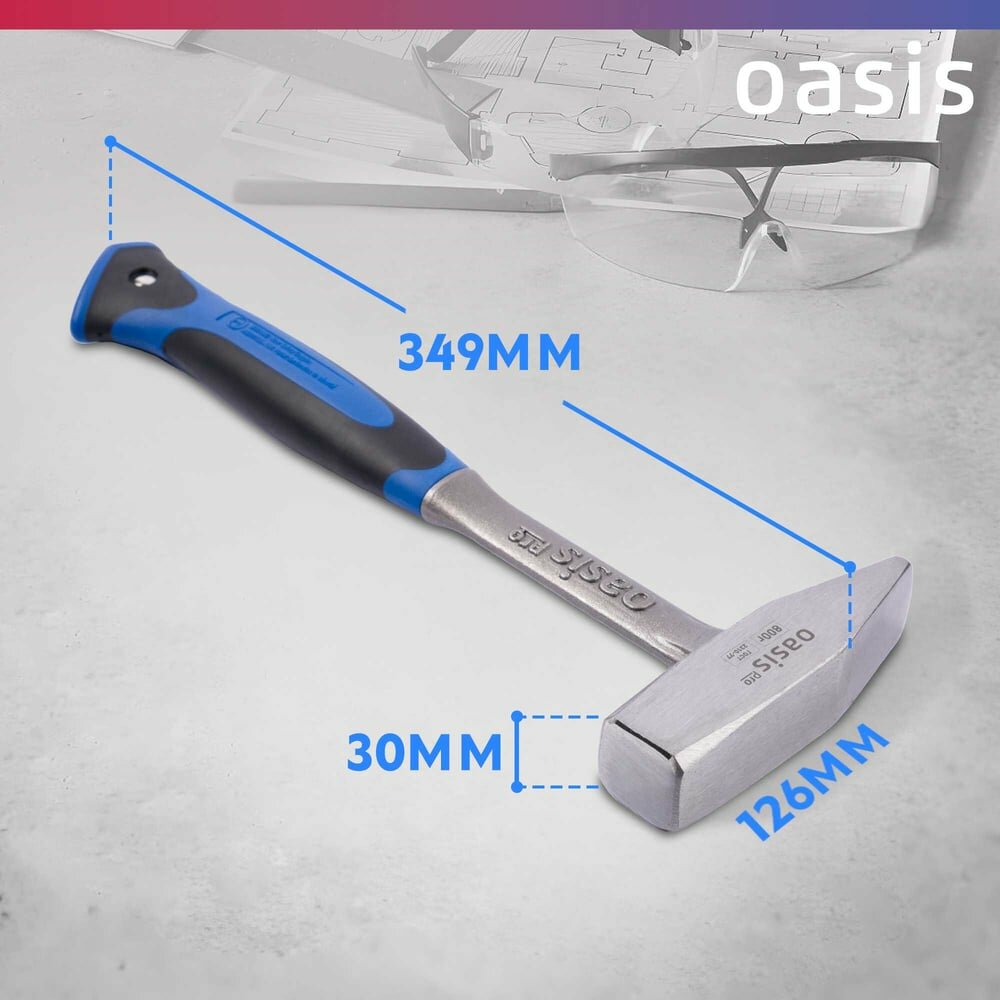 Слесарный молоток OASIS цельнокованый с обрезиненной рукояткой Pro 800 г 103010601003 — фото 1