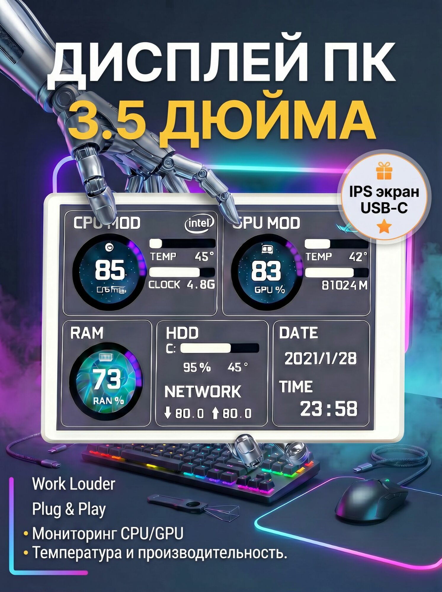 Смарт дисплей 3,5-дюймовый Turing (Turzx) для мониторинга данных компьютера, с кабелем 9 Pin - USB, белый