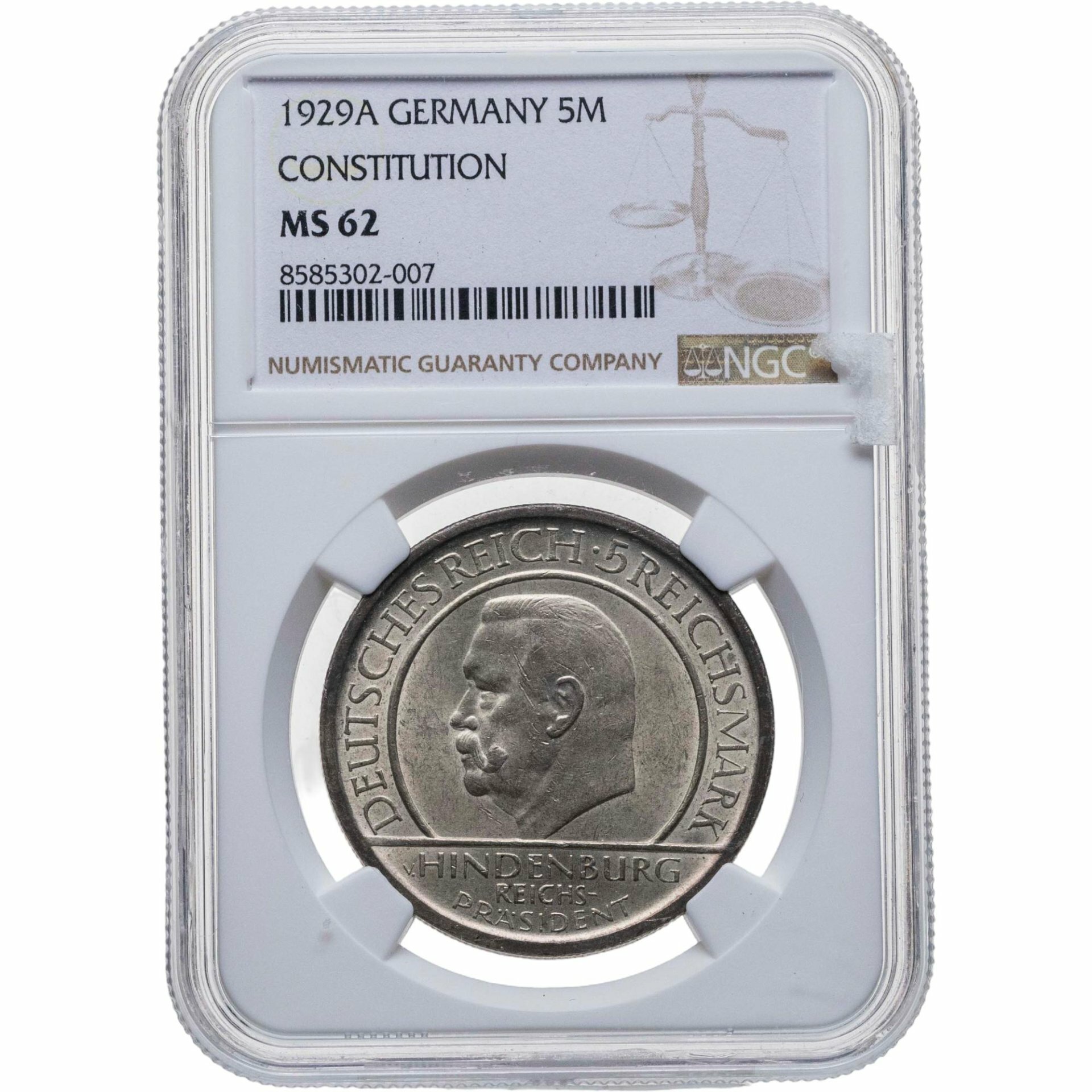 Германия 5 рейхсмарок reichsmark 1929 A "10 лет Веймарской конституции знак монетного двора "A" — Берлин" в слабе NGC MS62, Серебро 500