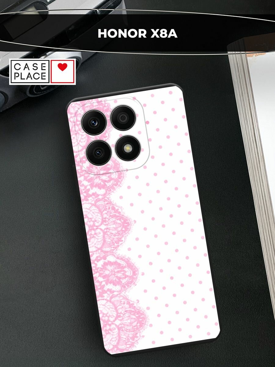 Черный матовый чехол на Honor X8A / Хонор Х8А с принтом Розовое кружево и горошек
