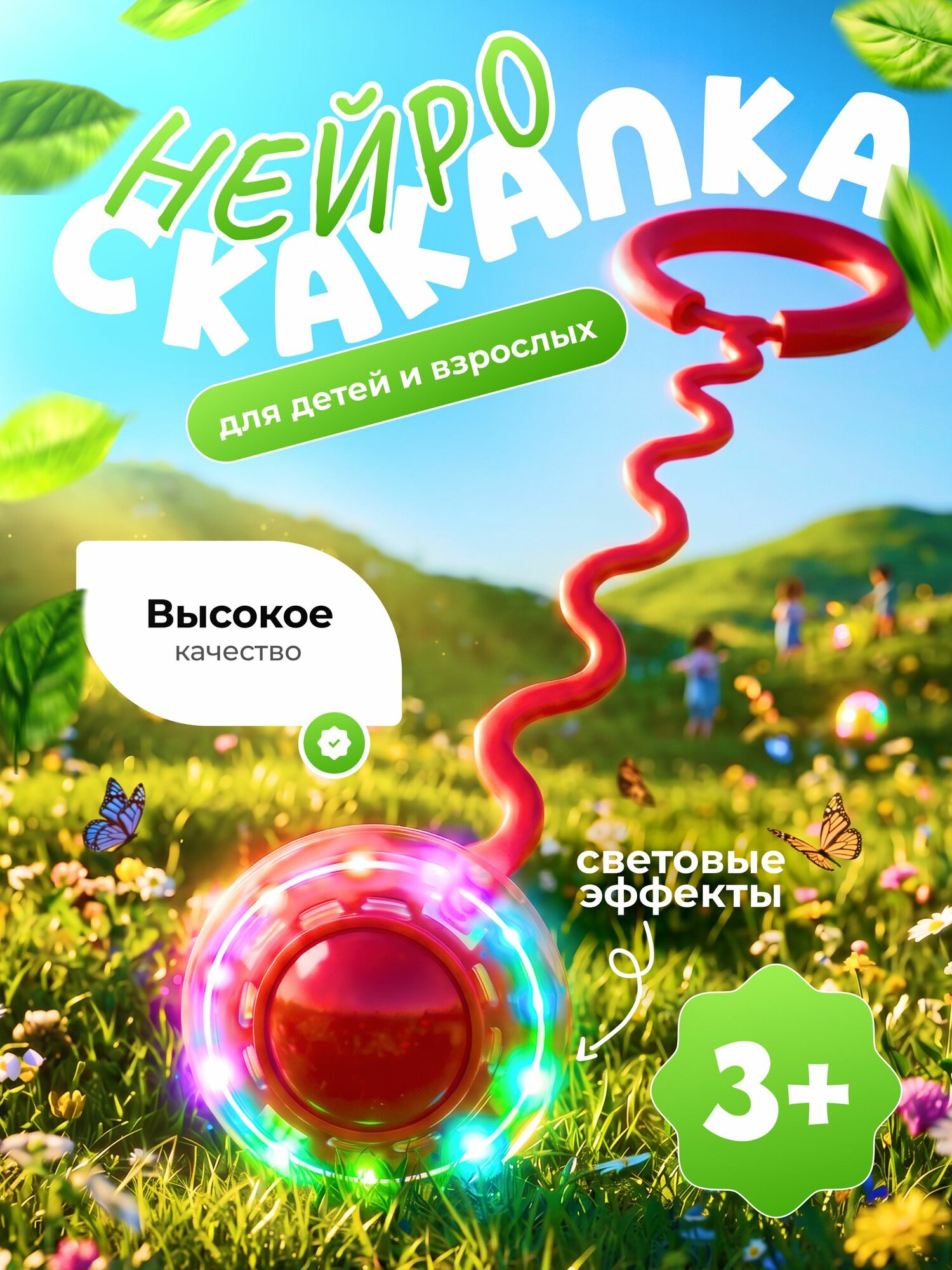Змейка нейроскакалка детская, скакалка на одну ногу светящаяся красная
