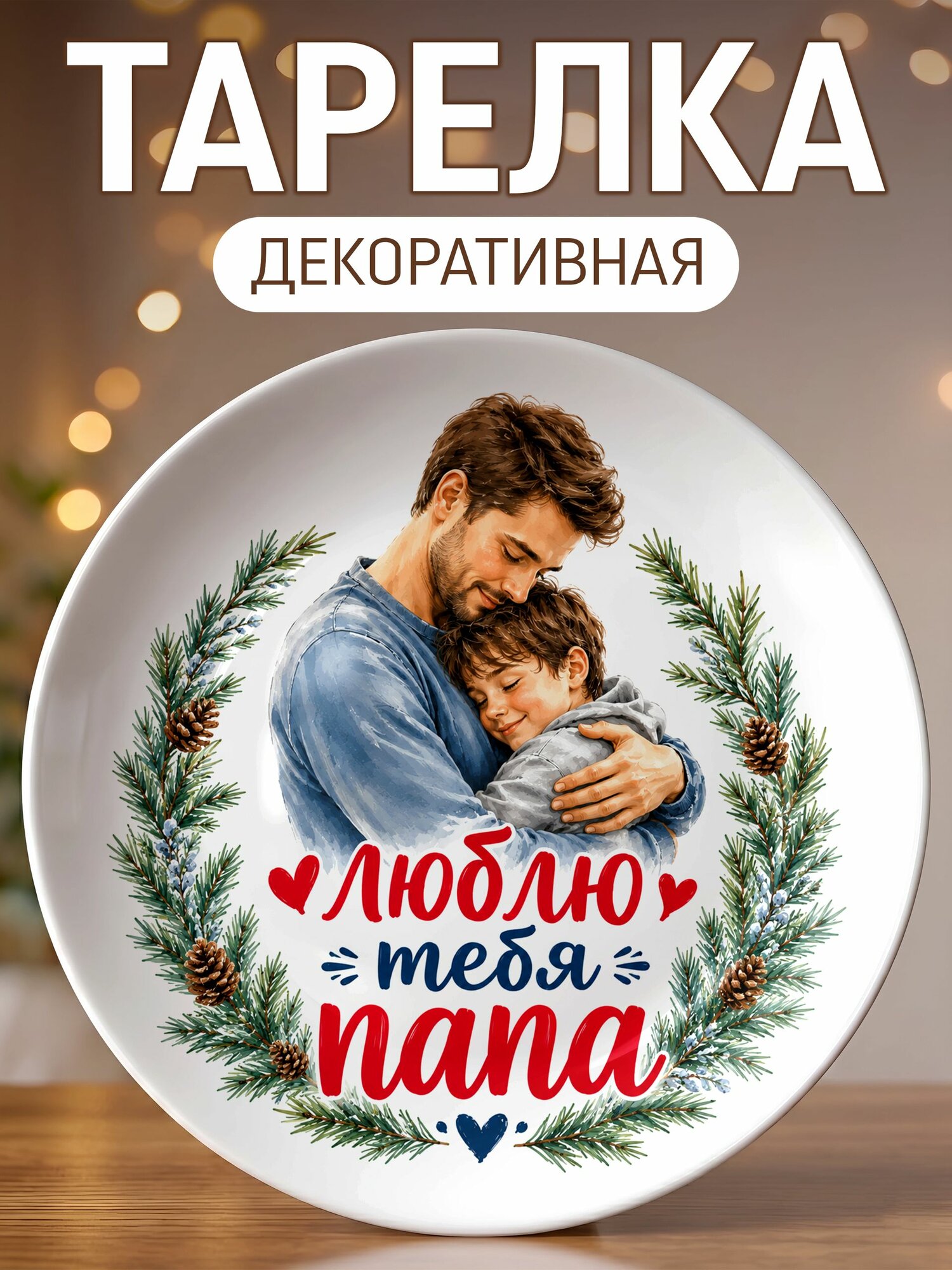Тарелка декоративная От сына люблю тебя папа, керамика, с подставкой, диаметр 20 см