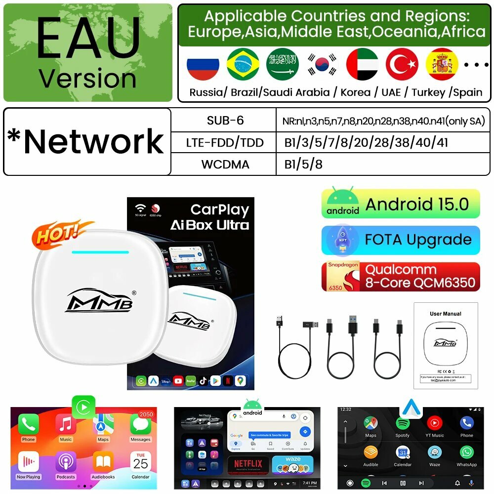 MMB Max Ultra Smart Box Android 15 Беспроводной CarPlay и Android Auto AI Box для Q8W QCM6350 EAUHD