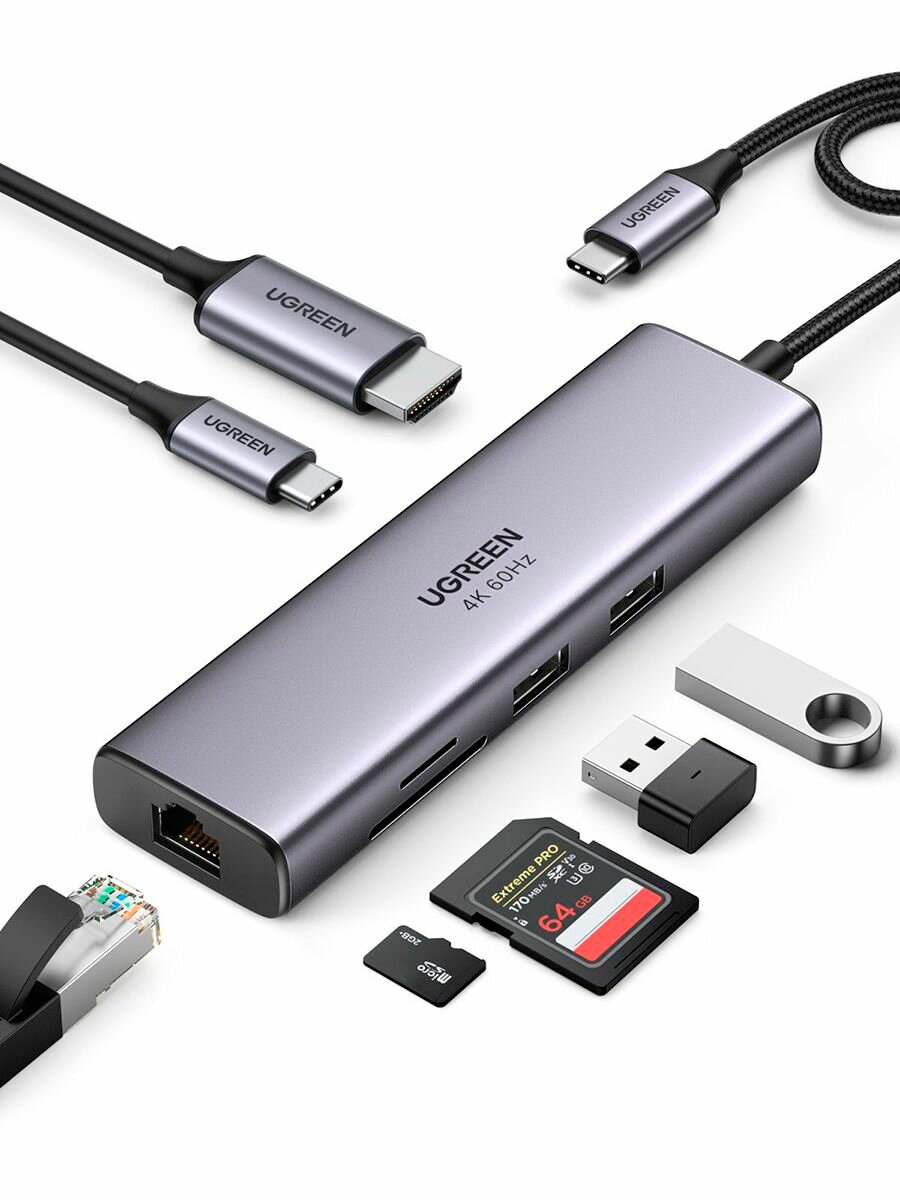 UGREEN Разветвитель CM512 (60515) USB-C Multifunction Adapter with Ethernet Interface, серый космос