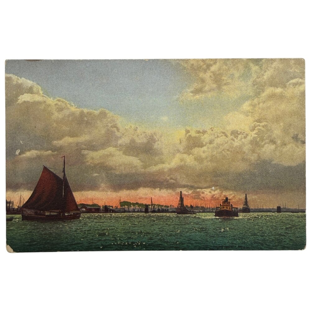 Почтовая открытка "В гавани на закате" 1900-1915 гг. Швейцария