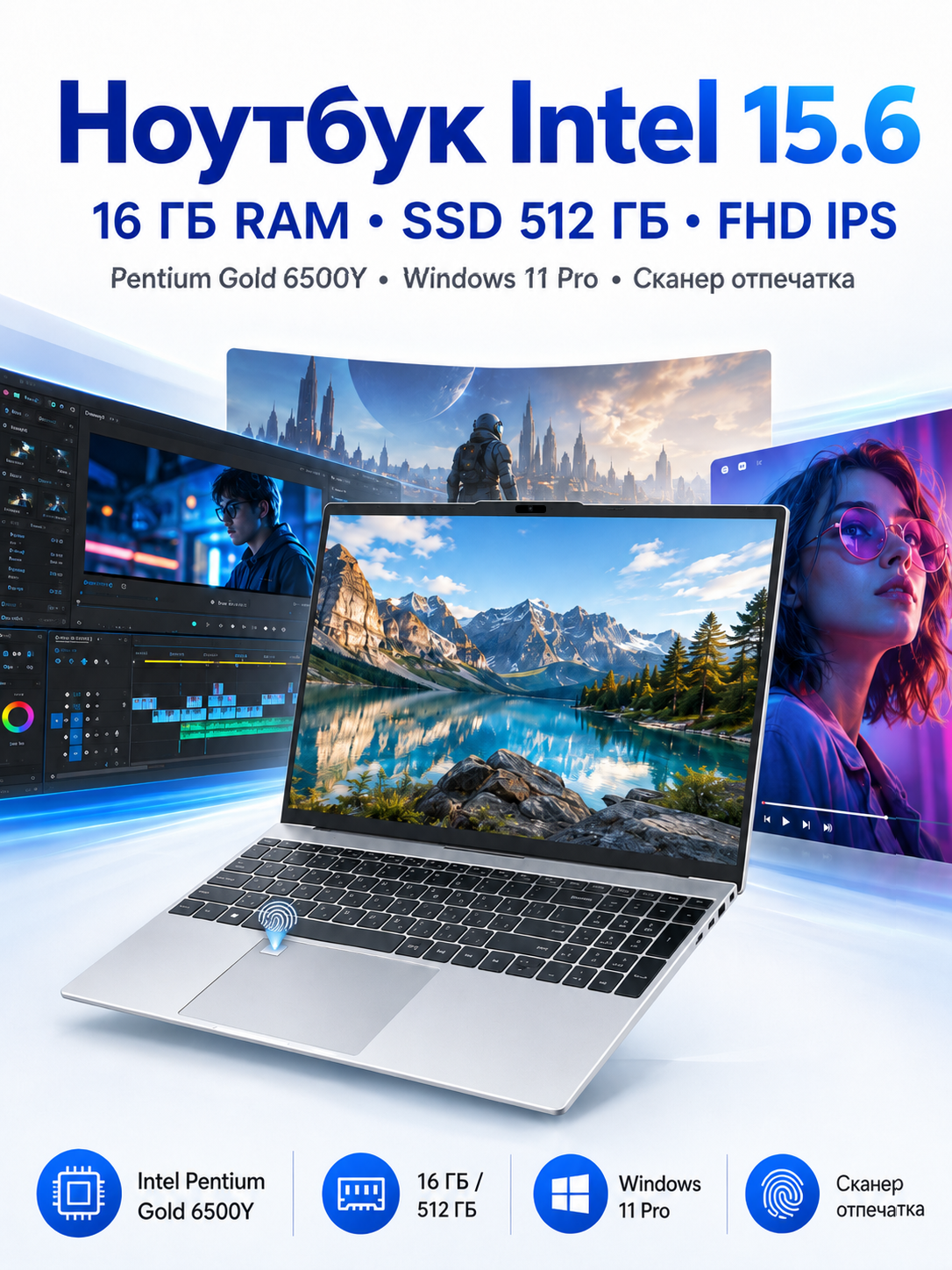 Ноутбук для работы и учебы 15.6" Intel Gold 6500Y,1920x1080 IPS,16GB RAM SSD 512GB Windows 11 Home