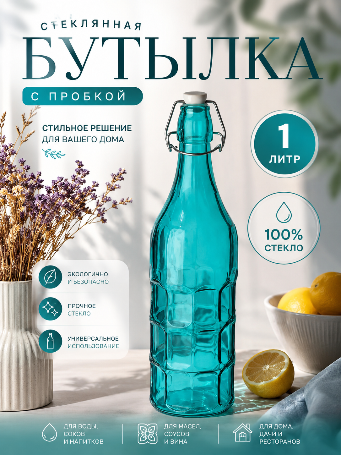 Бутылка стеклянная 1 л с герметичной пробкой голубая для воды, сока и напитков.