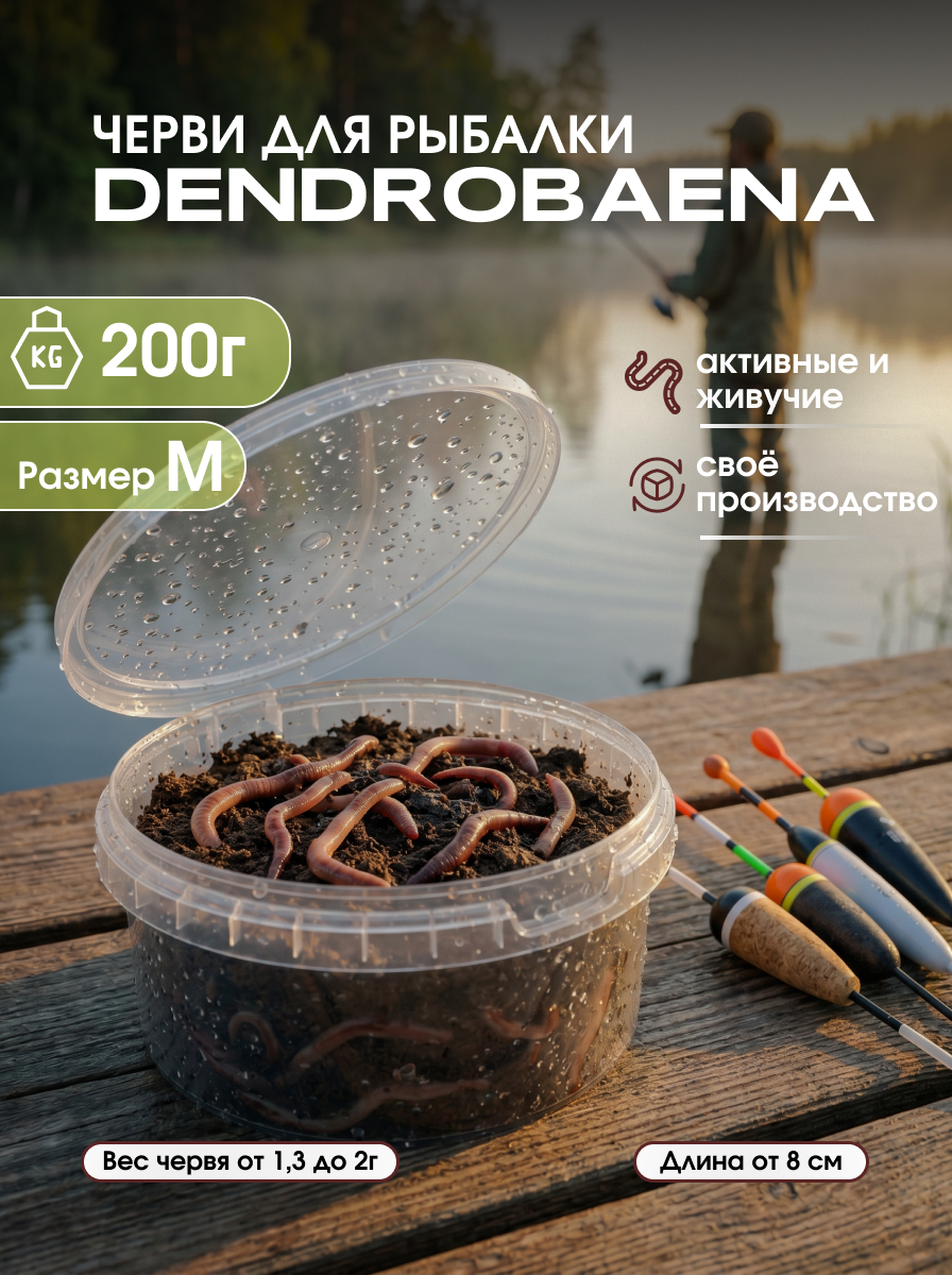 Живые черви для рыбалки Дендробена (Dendrobaena) (Размер M) Вес червя от 1.3 до 2г Общая масса червей без грунта 200г