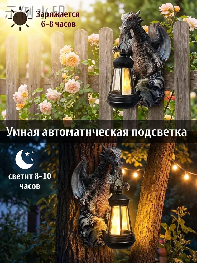 Фигурка садовая "Волшебный дракон-охранитель" на солнечной батарее, фигурка для сада, на газон, дикие звери, резина, черно-серый — фото 1