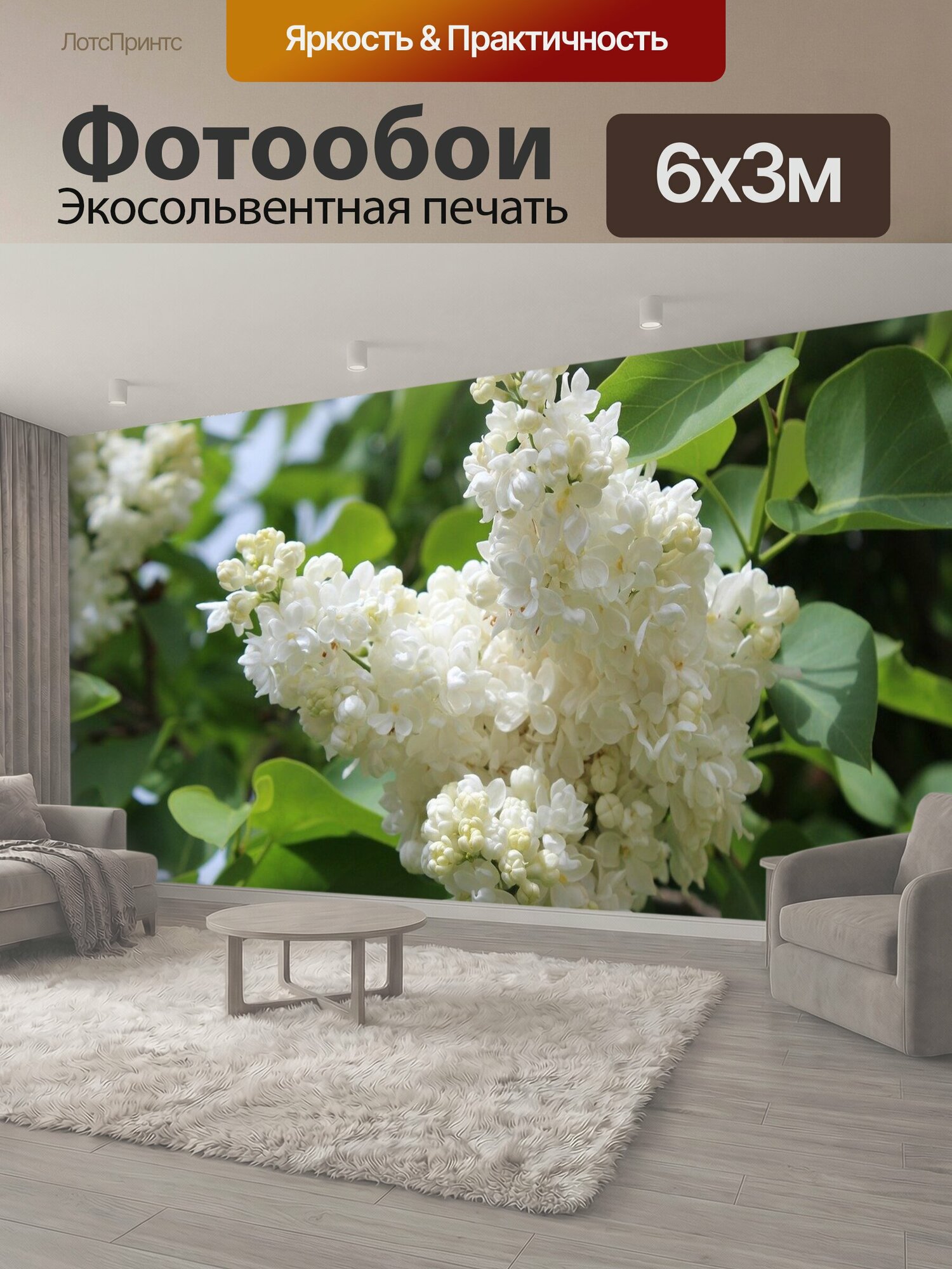 Фотообои "Белая сирень, цветение, весна" 600x300 см. экосольвентная печать