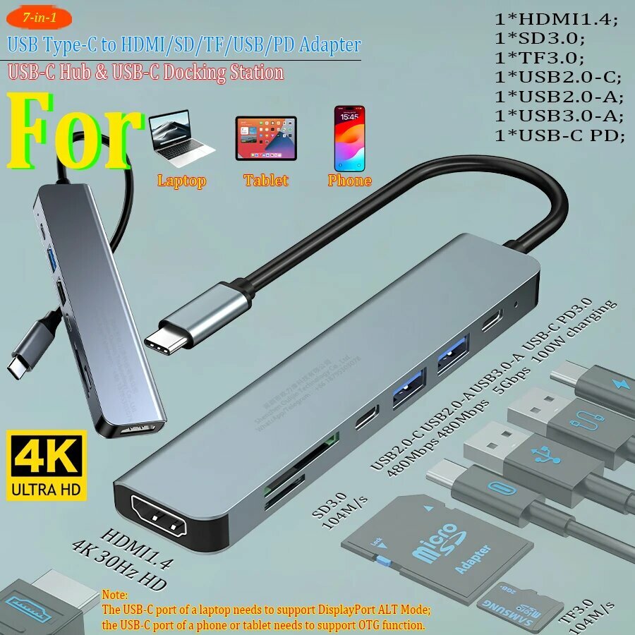USB-C хаб 7-в-1 для MacBook, многопортовый адаптер с HDMI 4K, PD 100 Вт, USB-A и C, кардридер SD/TF, док-станция Type-C для Dell HP ASUS Lenovo Xiaomi HUAWEI