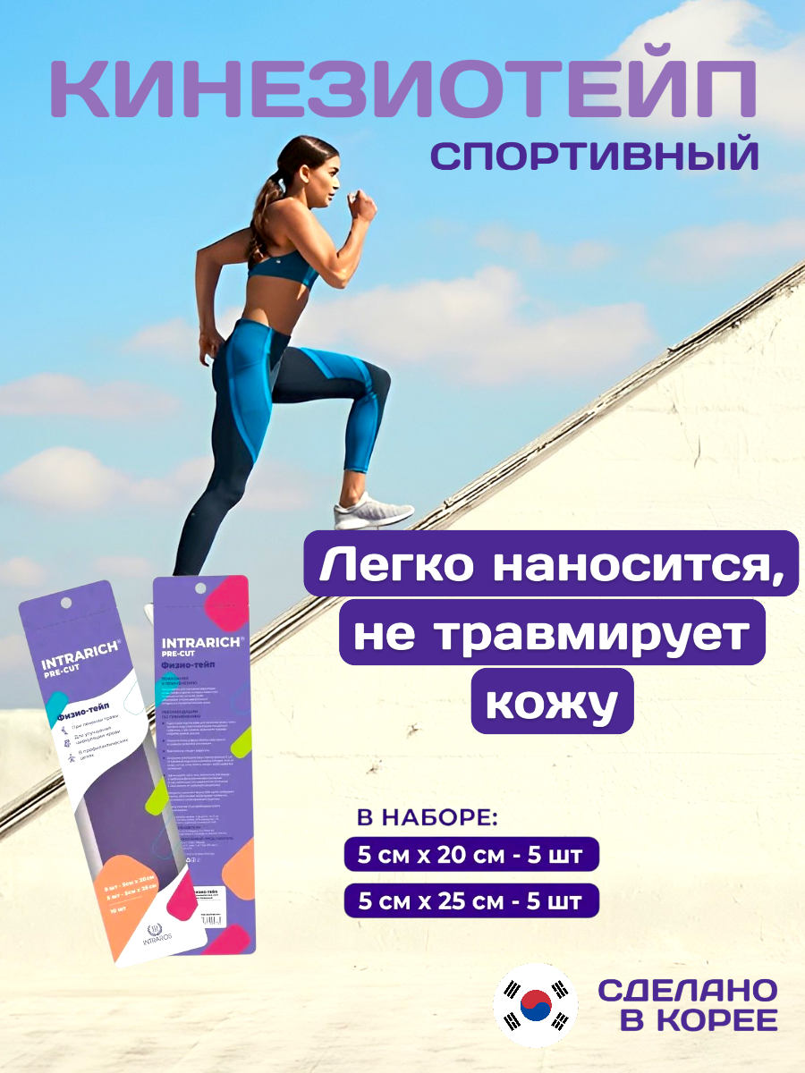 Тейп спортивный INTRARICH PRE-CUT (преднарезанный), набор 10 шт, фиолетовый