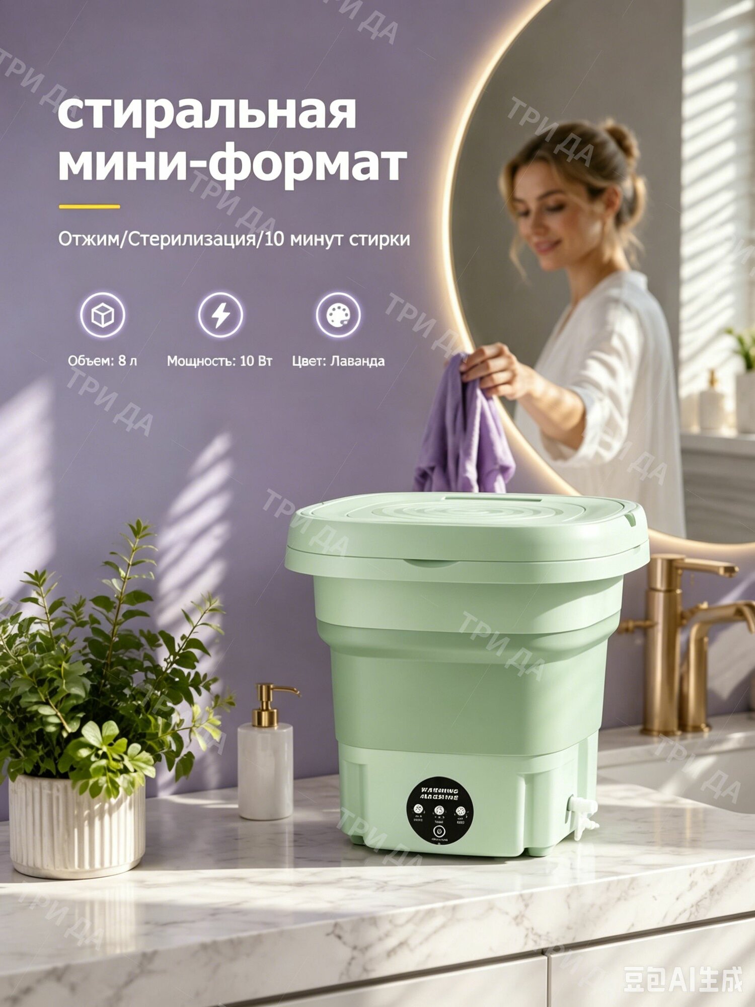 Мини-складная стиральная машина, 9 л, с функцией стерилизации