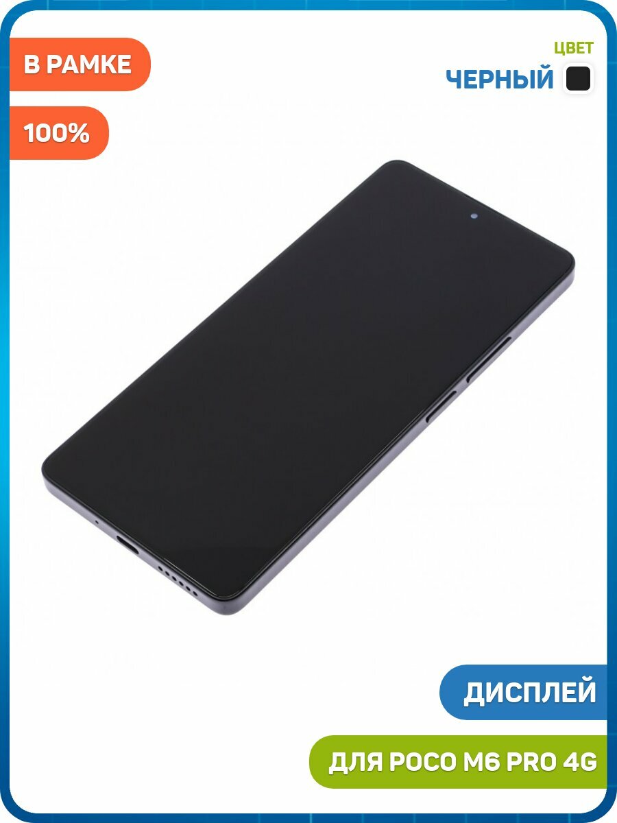 Дисплей для POCO M6 Pro 4G (в сборе с тачскрином) в рамке, черный, 100%