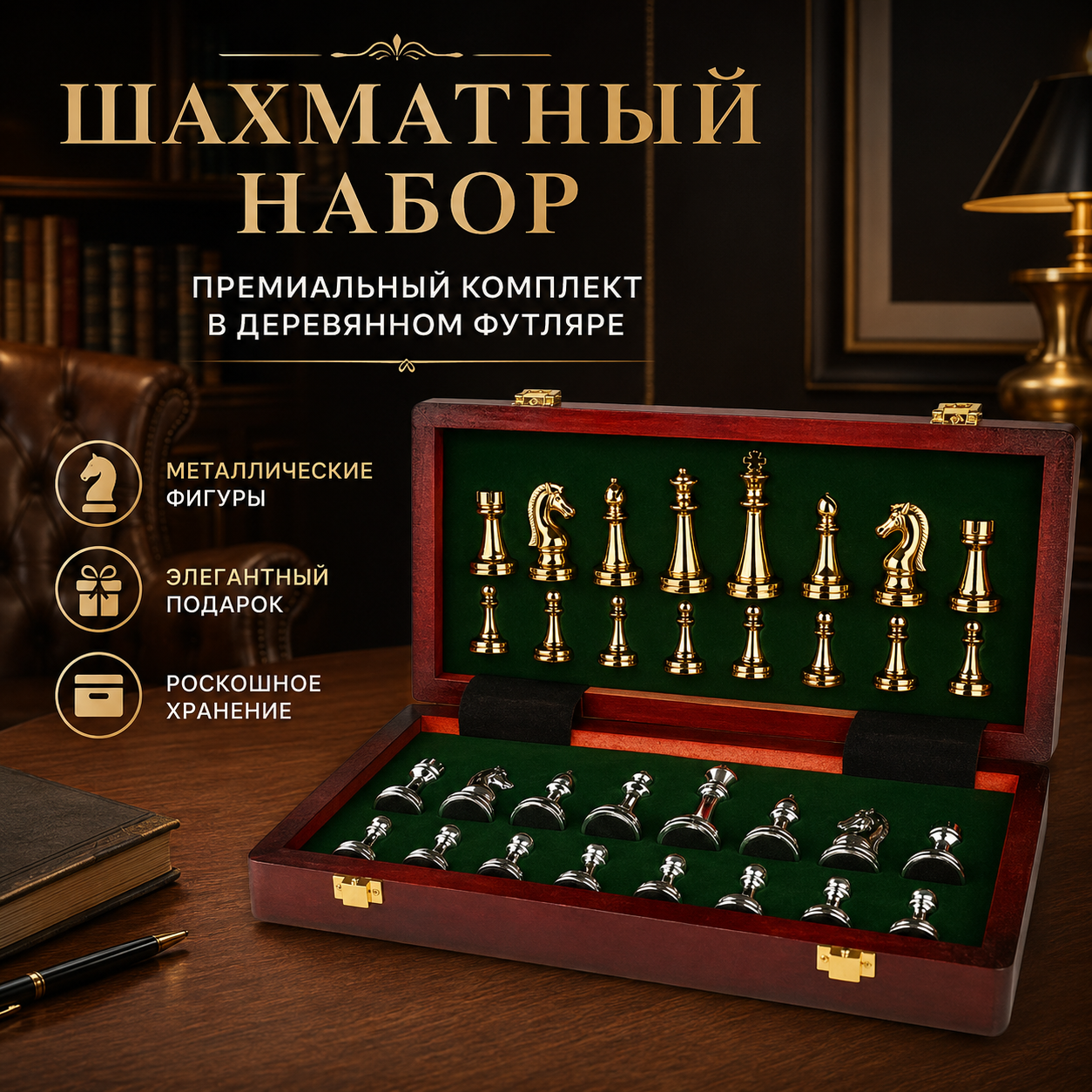 Шахматы "Премиум", металлические, золотого и серебряного цвета 29*29*2.7cm