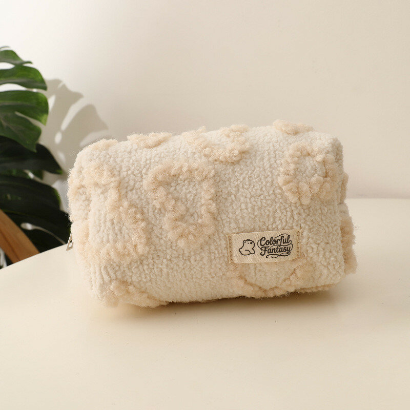 Girl heartshaped plush cosmetic pouch with hanging loop and stylish korean style for girls, ivory