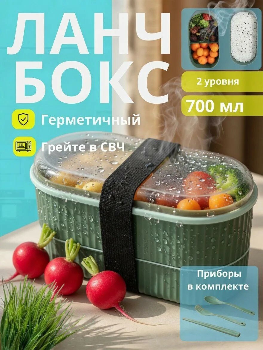 Ланч бокс для еды двухуровневый с приборами 700мл; Контейнер для еды с разделителем; Ланч бокс в школу и на работу;