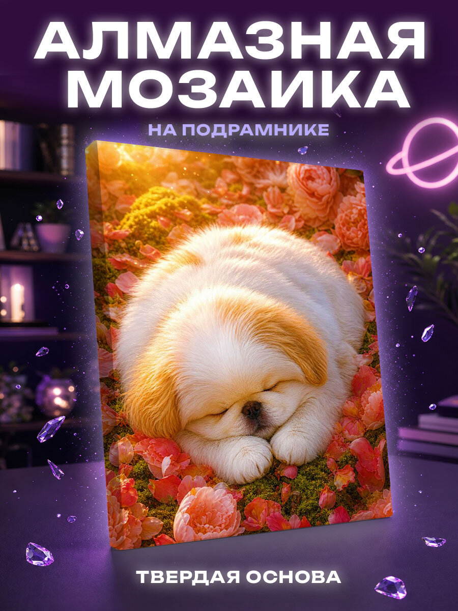 Алмазная мозаика щенок пекинеса в нежных персиковых розах