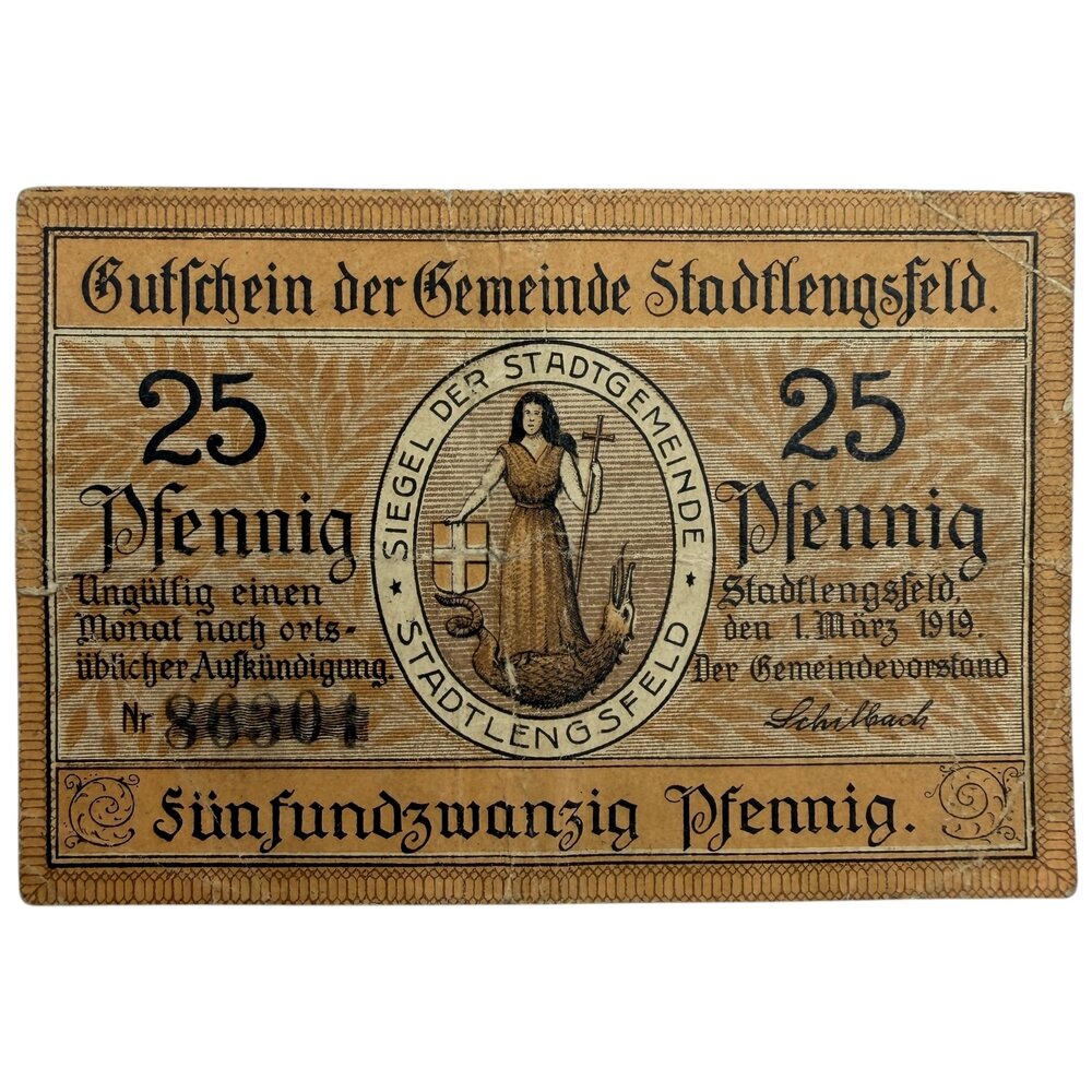 Германия (Веймарская республика) Штадтленгсфельд 25 пфеннигов 1919 г. (Тусклая) (Без ВЗ)